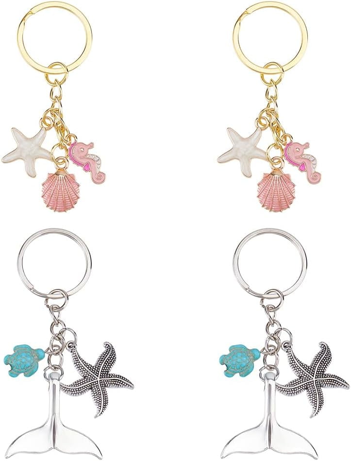 4Pcs 2 Style Seashell Starfish keychain Ocean Keychains Alloy Sea Shell ...