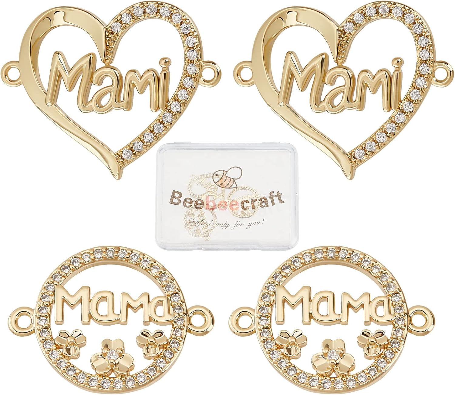 4Pcs 2 Styles Mother's Day Connector Charms 18K Gold Plated Word Mama ...