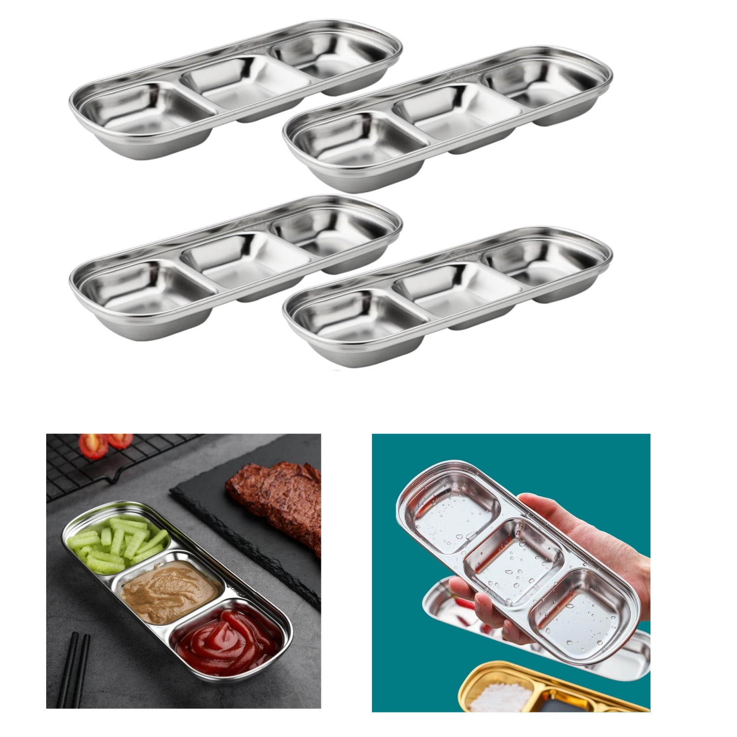 4Pcs 3 Compartment Sauce Vinegar Seasoning Dishes,8x3.15x0.9In Metal ...