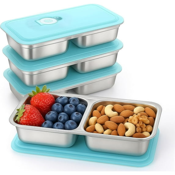 4Pcs 304 Stainless Steel Bento Boxes, 30 oz 2 Compartments Portable ...