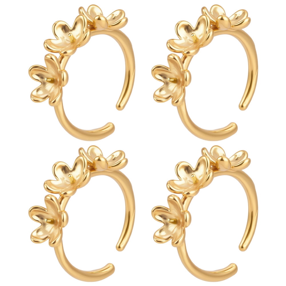 4Pcs 304 Stainless Steel Flower Open Cuff Ring Findings Ring Settings ...