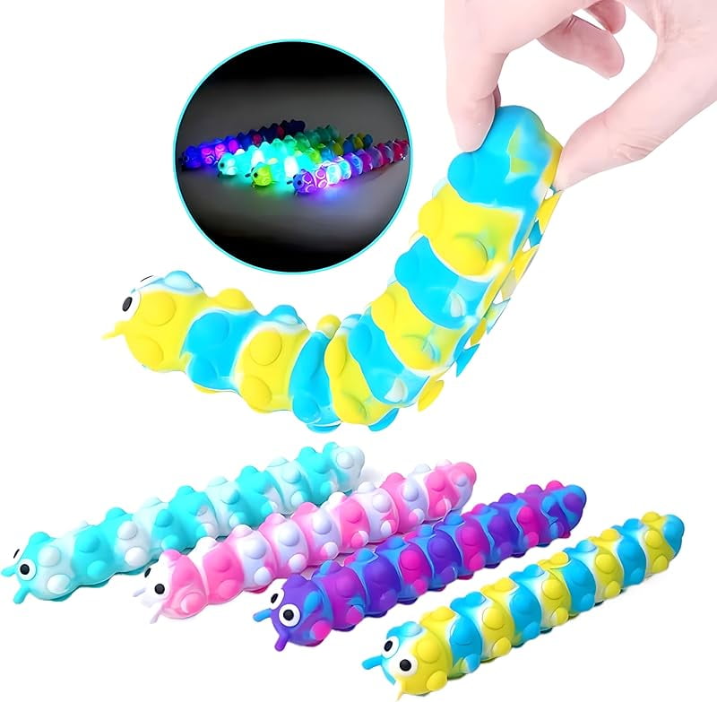 4Pcs 3D Caterpillar Fidget Toys with 10 Seconds Light-Up, Silicone ...