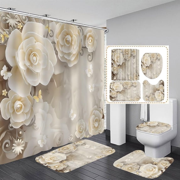 4Pcs 3D Floral Shower Curtain Sets Golden Leaf Bathroom Set Decor with ...