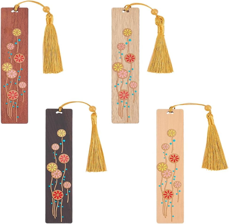 4Pcs 4 Colors Wooden Bookmarks with Tassels Flower Book Mark Set ...