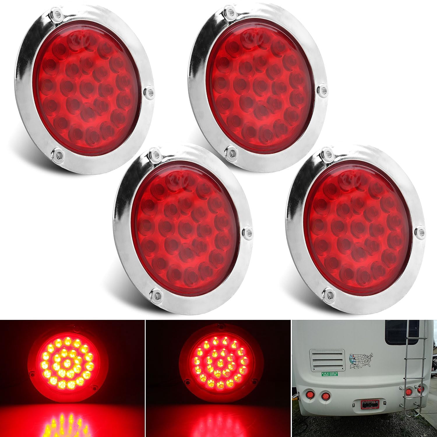 4Pcs 4" Inch Round Led Trailer Tail Lights Red 24 LED Chrome Plastic ...