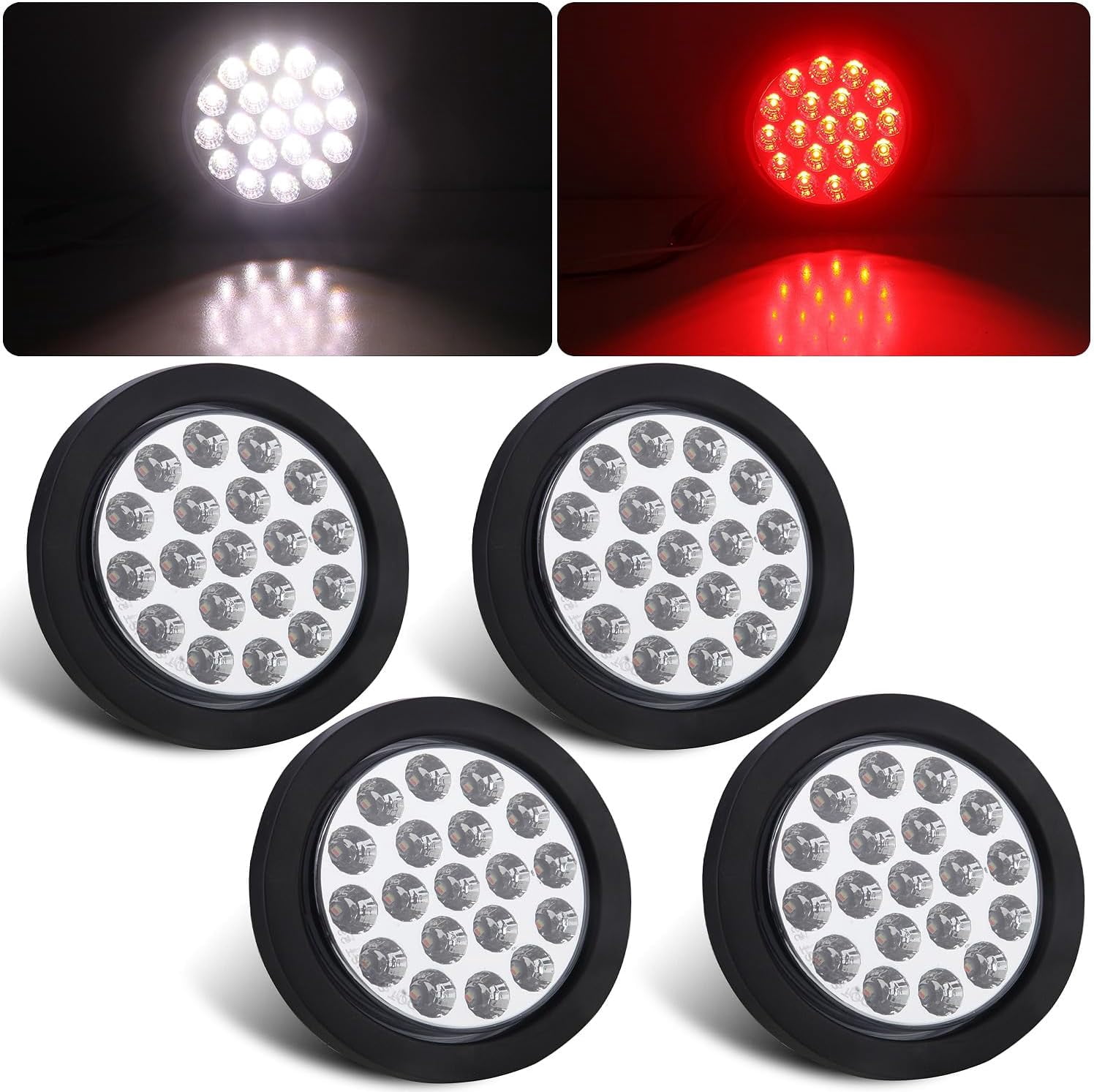 4Pcs 4" Round Red Stop Turn Tail Lights to White Back-up Lights 19 LED ...