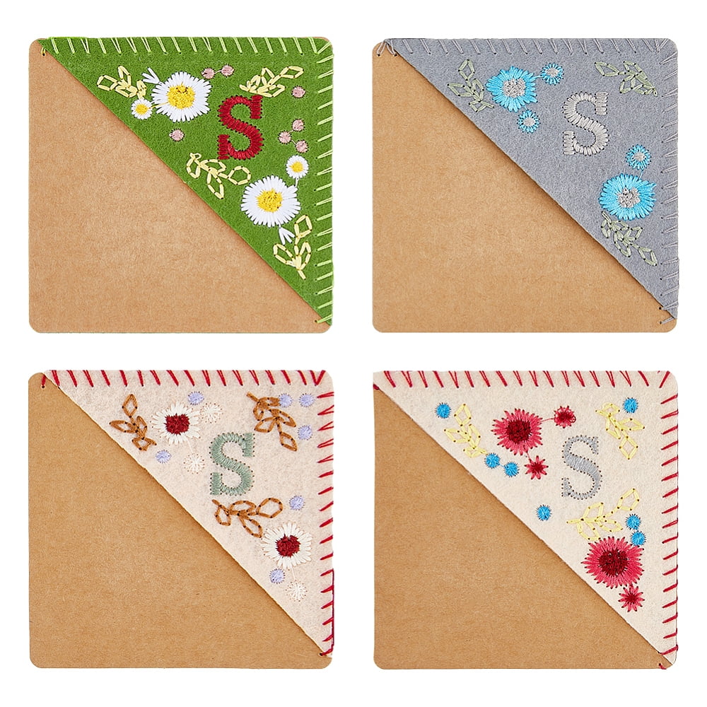 4Pcs 4 Style Felt Embroidery Bookmarks Corner Page Marker with Kraft ...