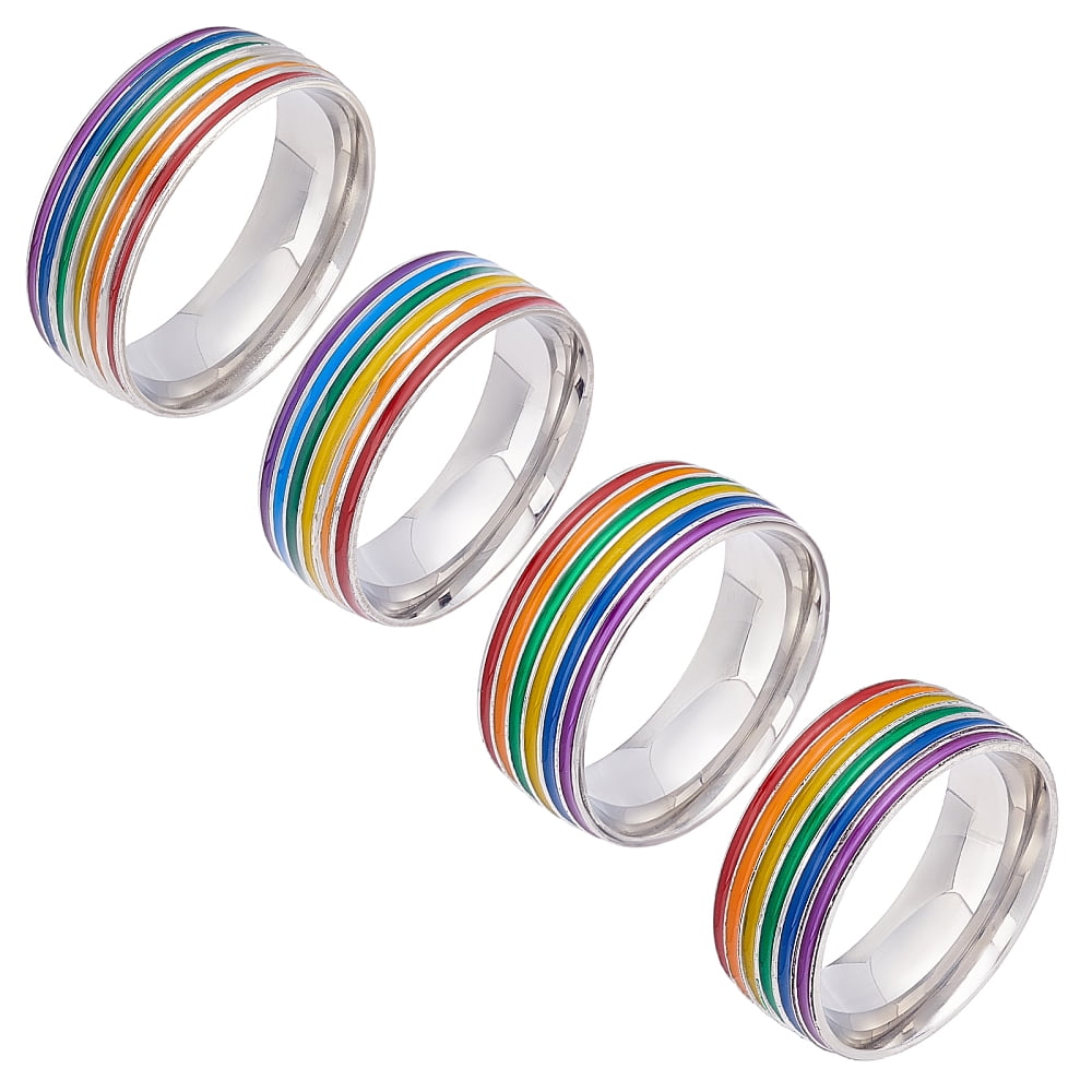 4Pcs 4 Style Pride Finger Rings Colorful Stripe Stainless Steel Wide ...
