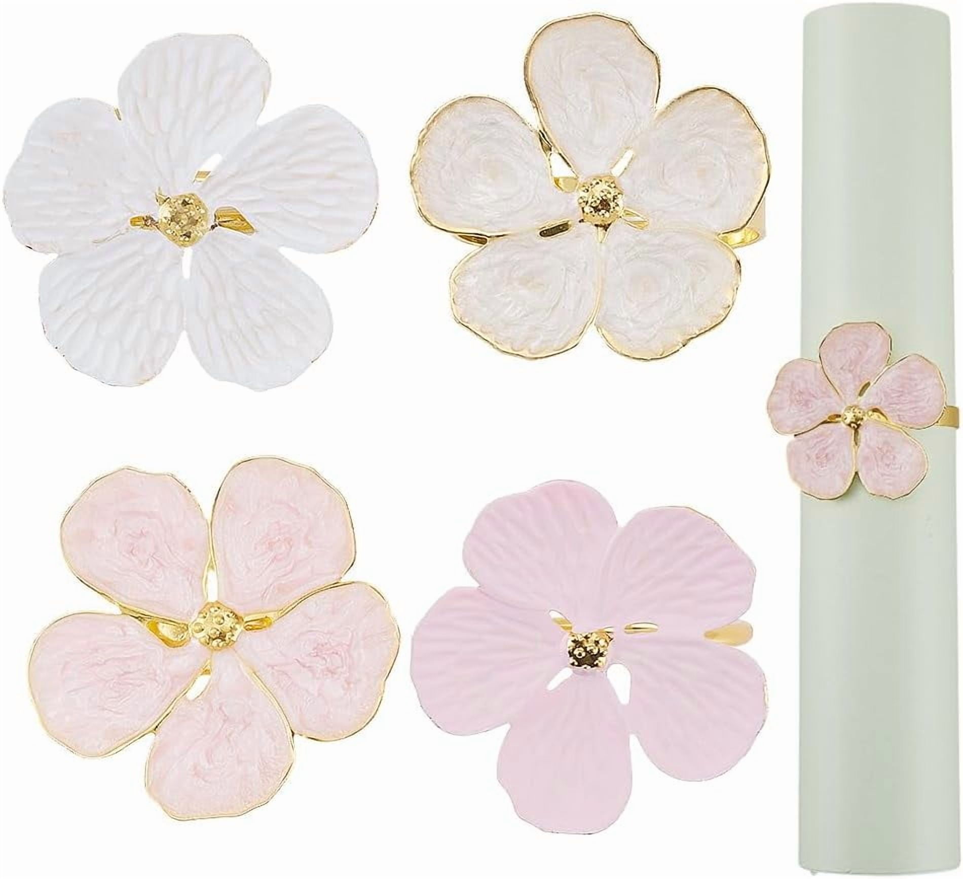 4Pcs 4 Styles Flower Napkin Ring Pink White Metal Gold Alloy Enamel ...