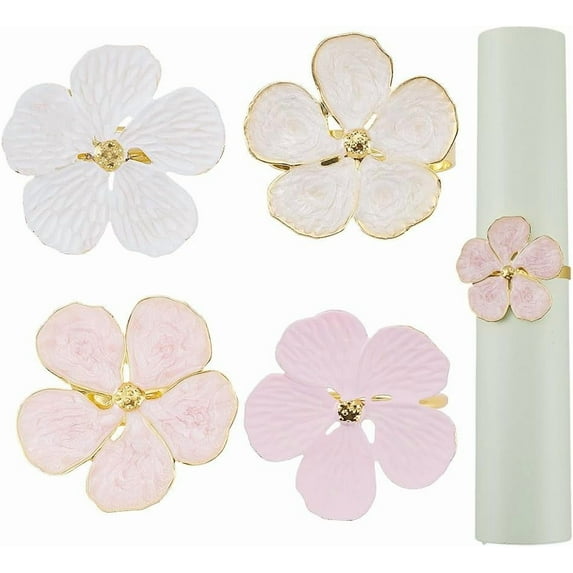 4Pcs 4 Styles Flower Napkin Ring Pink White Metal Gold Alloy Enamel ...
