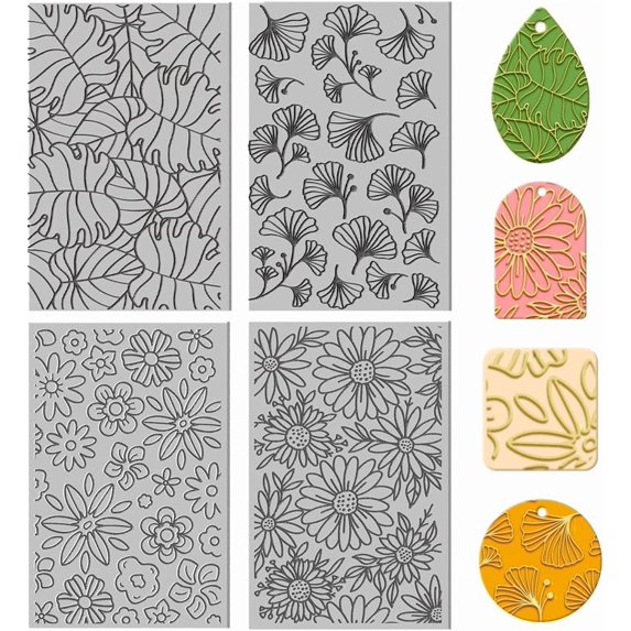 4Pcs 4 Styles Flowers and Plants Polymer Clay Texture Sheets Daisy Clay ...