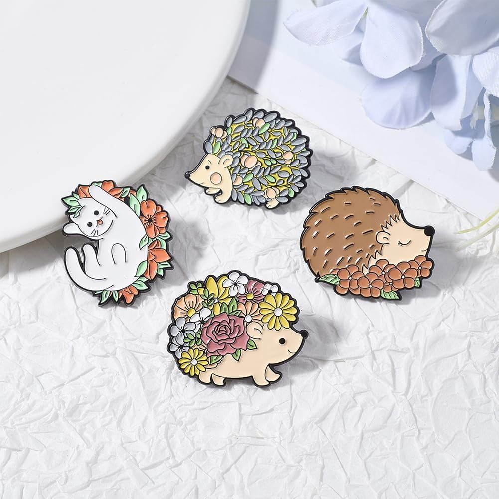 4Pcs 4 Styles Hedgehog with Flower Enamel Pins Alloy Brooches for ...