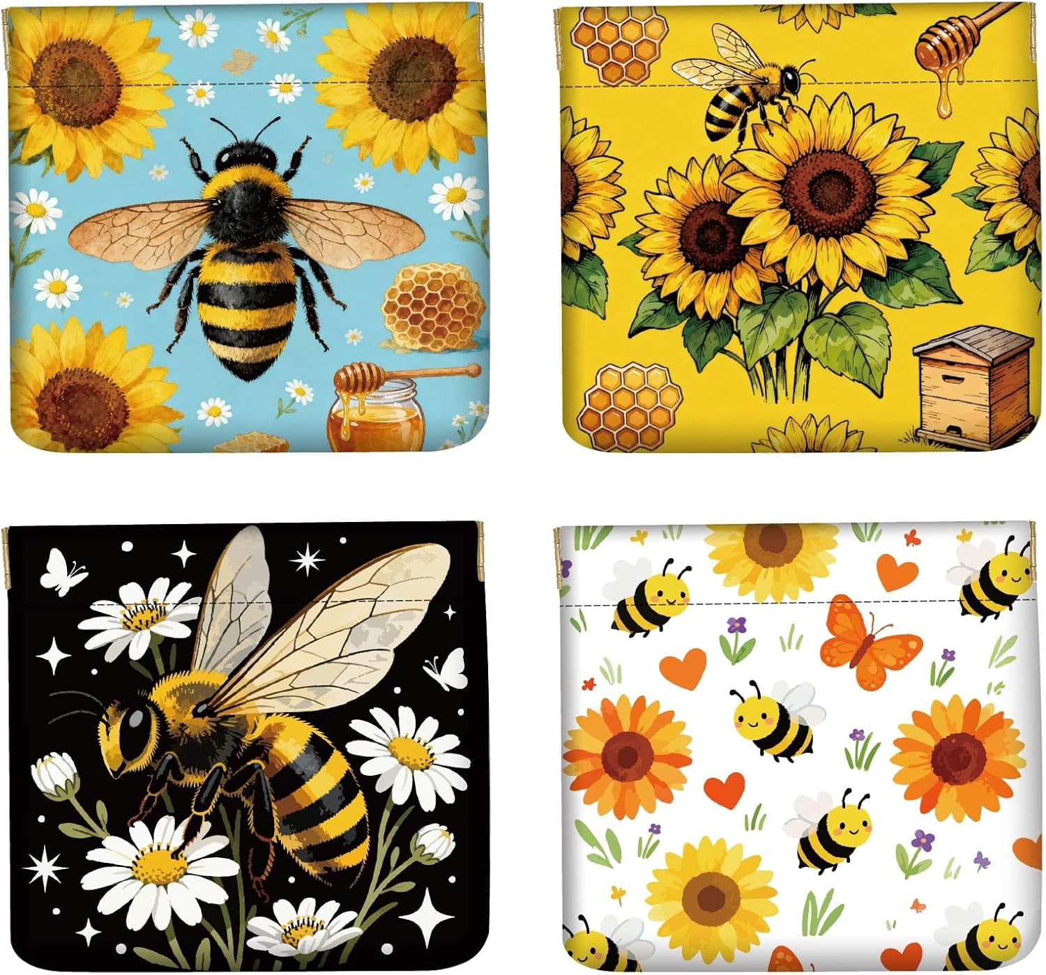 4Pcs 4 Styles Leather Squeeze Pouch Honey Bee Coin Purse Sunflowers ...