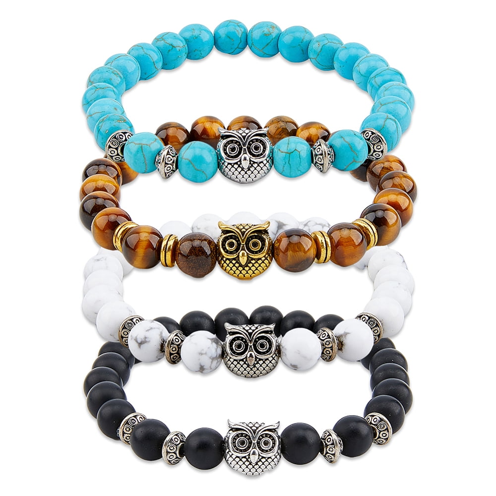 4Pcs 4 Styles Natural Mixed Gemstone Glass Alloy Owl Beaded Stretch ...