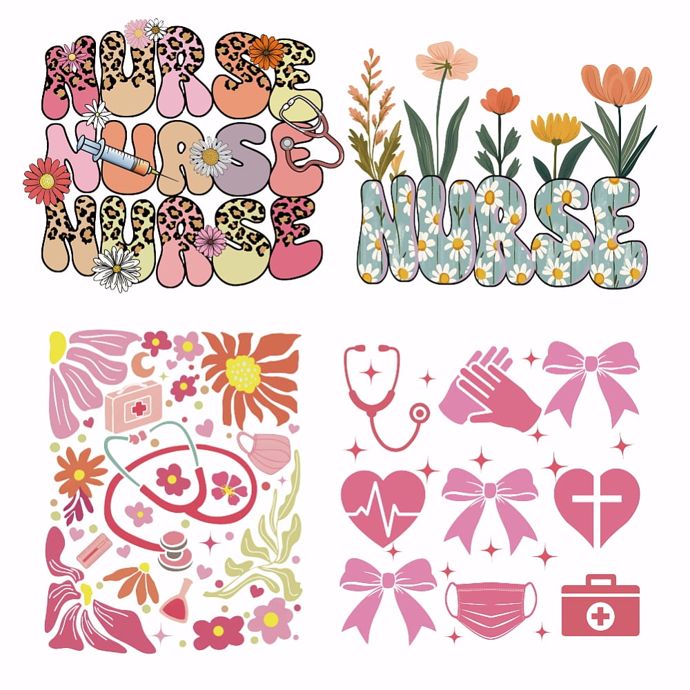 4Pcs 4 Styles Nurse Theme Plastic Heat Transfer Film Logo Stickers Set ...