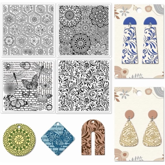 4Pcs 4 Styles Retro Vine Polymer Clay Texture Sheets Mandala Flowers ...
