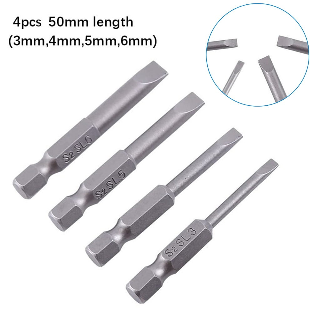 4Pcs 50mm Slotted Screwdriver Bit 3mm-6mm Magnetic Flat Head 1/4in Hex ...