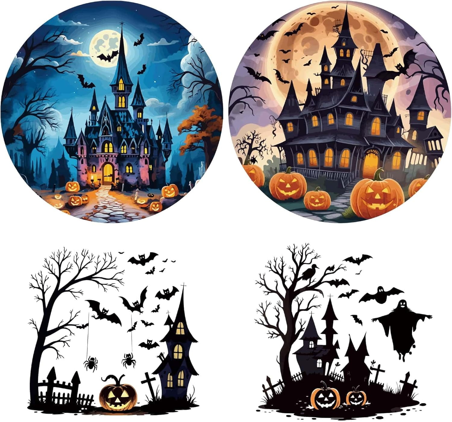 4Pcs 6.3 Inch Scary Window Stickers Night Castle Bat Pumpkin Removable ...