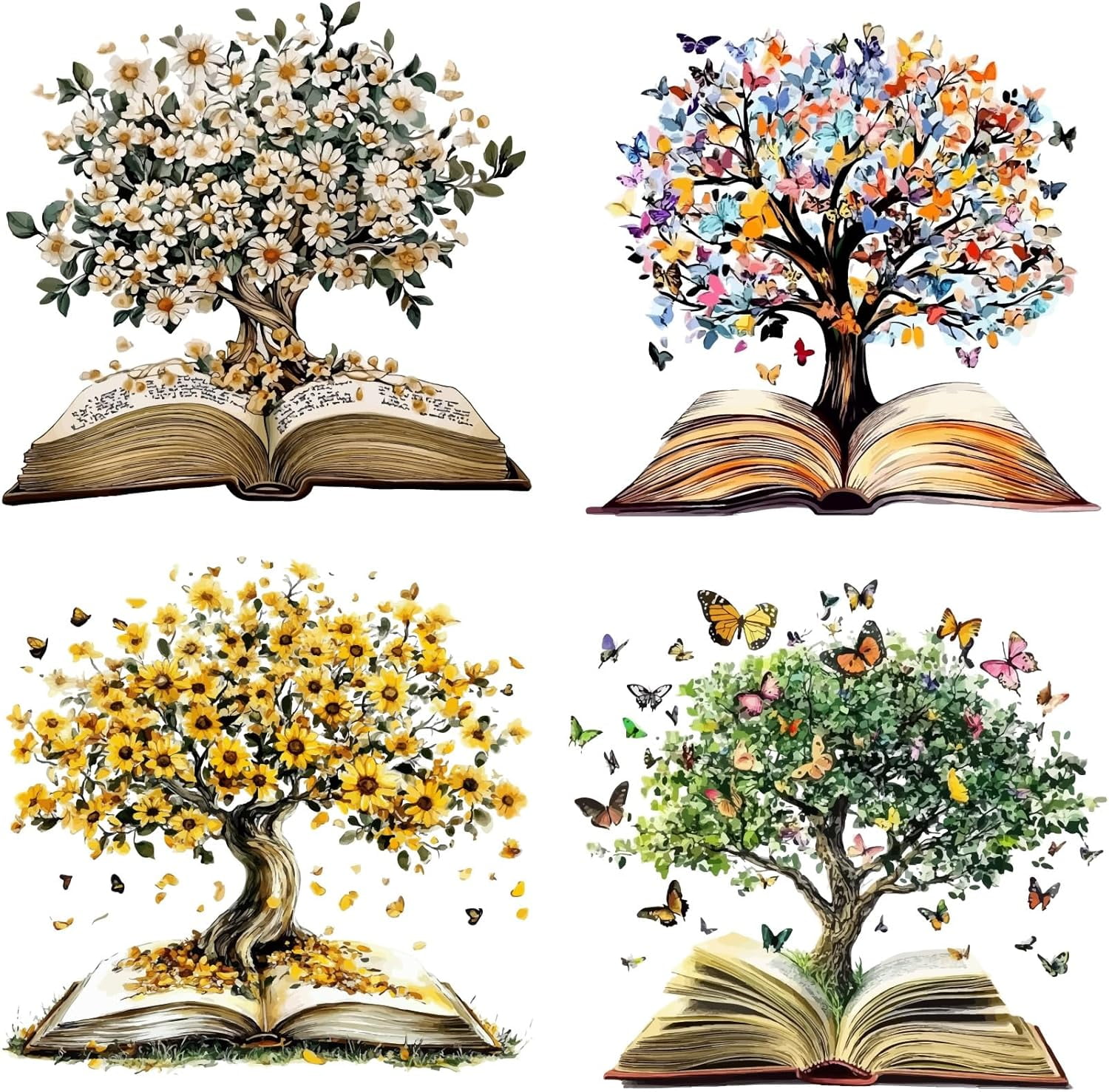 4Pcs 6.3 Inch Tree of Life Window Sticker Flowers Butterfly Book ...