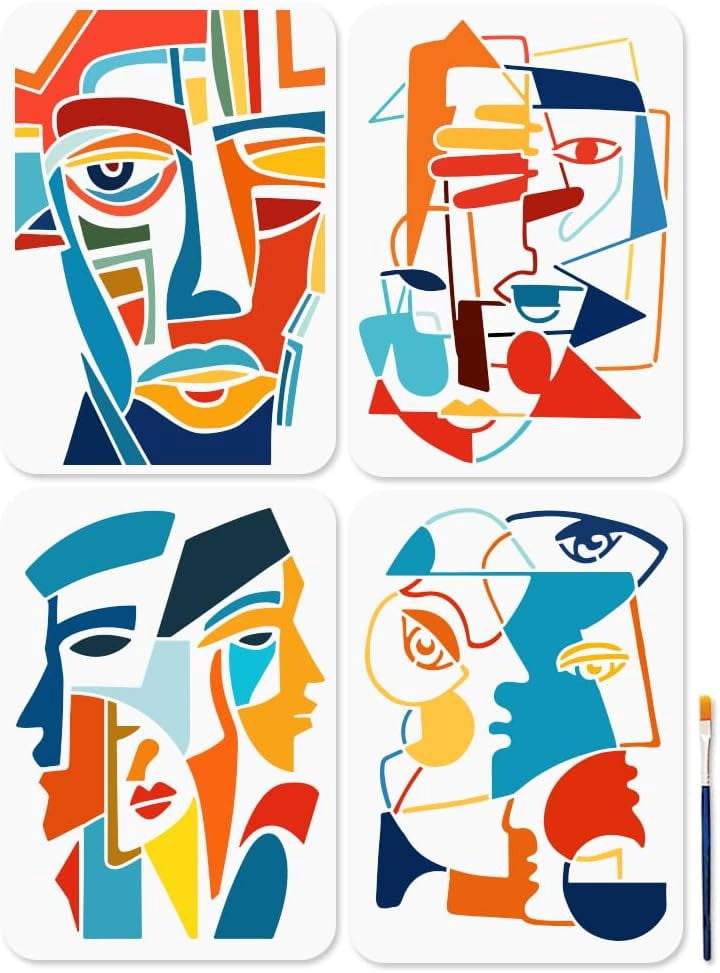 4Pcs A4 Size Abstract Faces Paterrn Stencil Grotesque Geometric Face ...