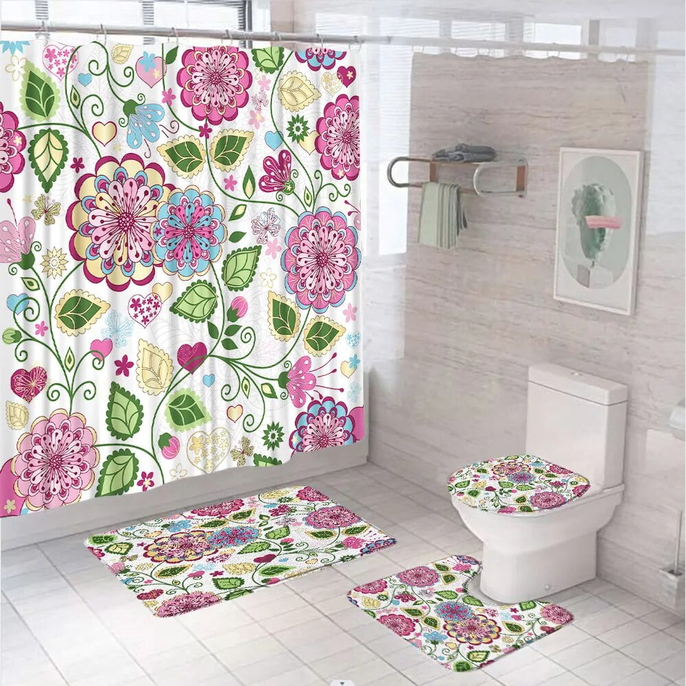 4Pcs Abstract Art Leaves Flower Shower Curtain Set Medieval Design ...