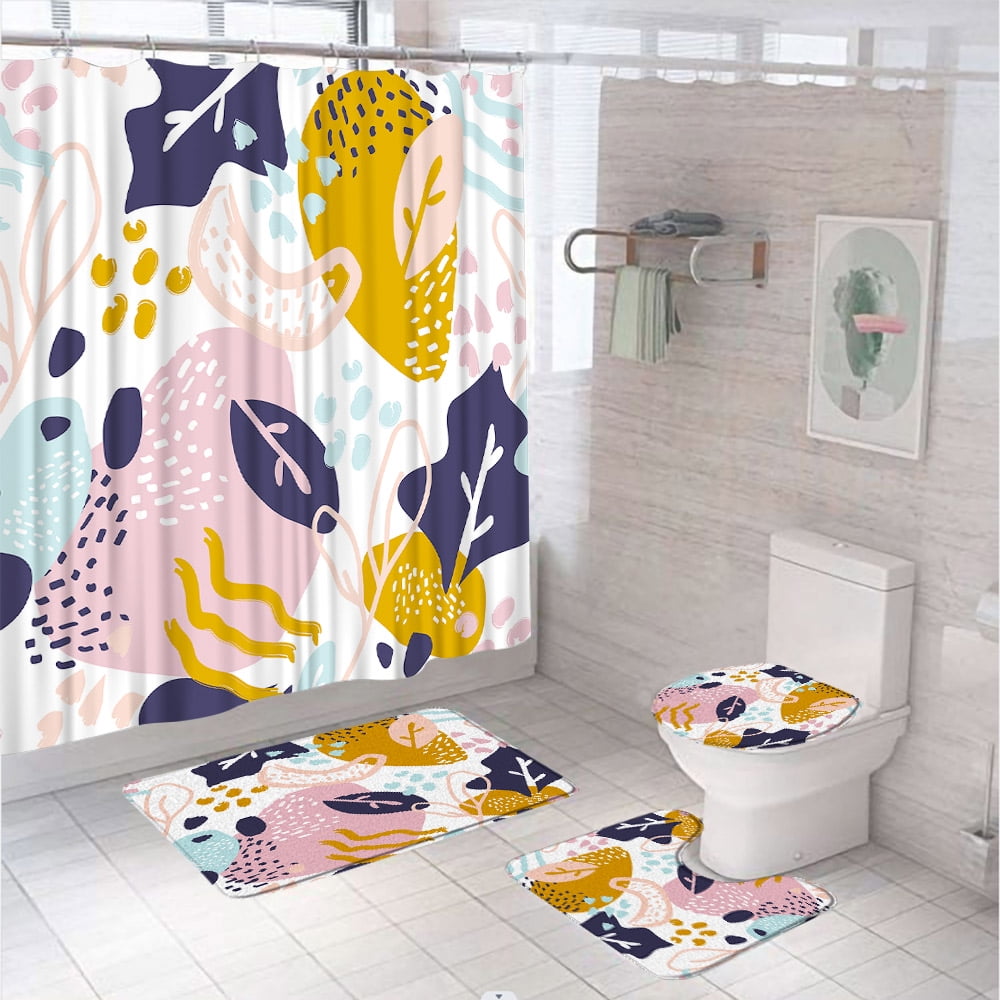 4Pcs Abstract Art Leaves Flower Shower Curtain Set Medieval Design ...