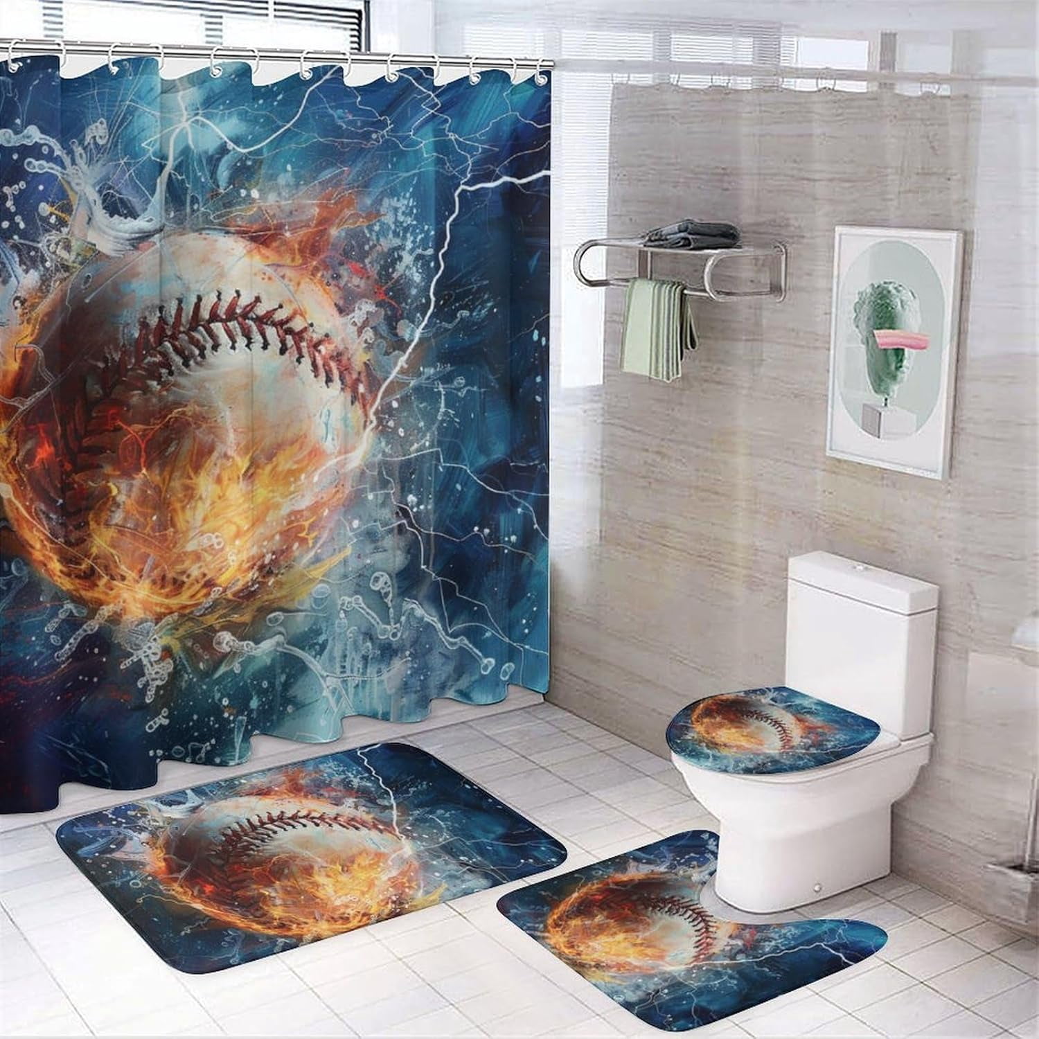 4Pcs Abstract Baseball Shower Curtain Sets with Rugs, Toilet Lid Cover ...