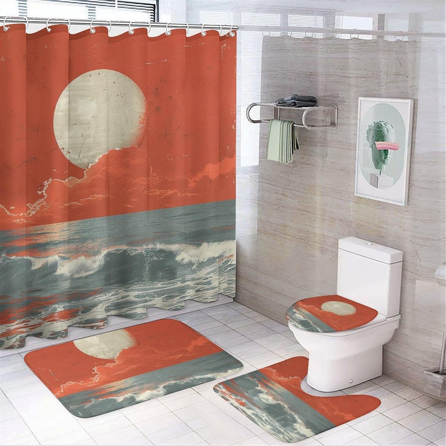 4Pcs Abstract Sea Wave Shower Curtain Sets with Rugs, Toilet Lid Cover ...