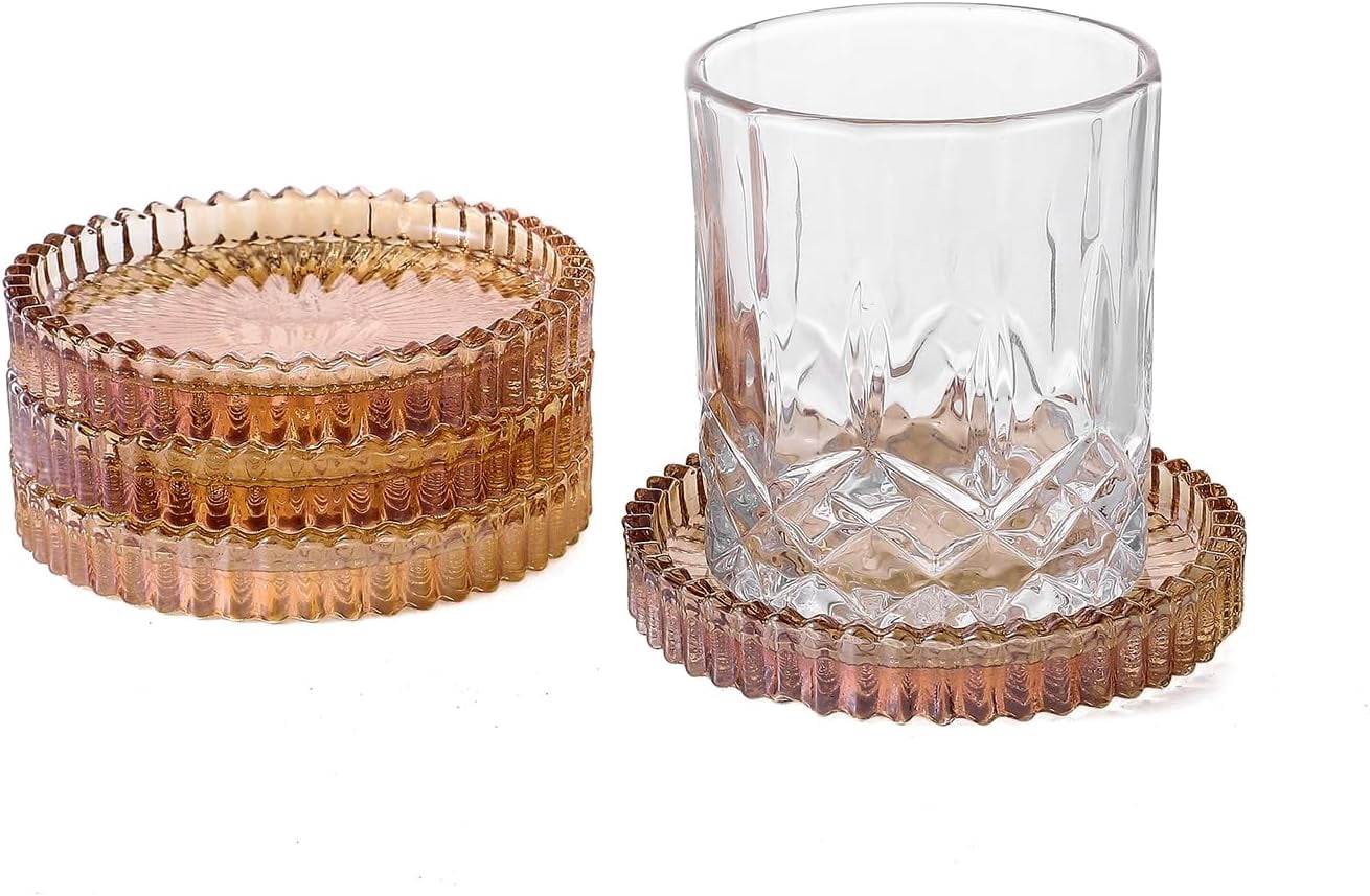 4Pcs Amber Transparent Round Crystal Glass Drink Coasters Cup Mats for ...