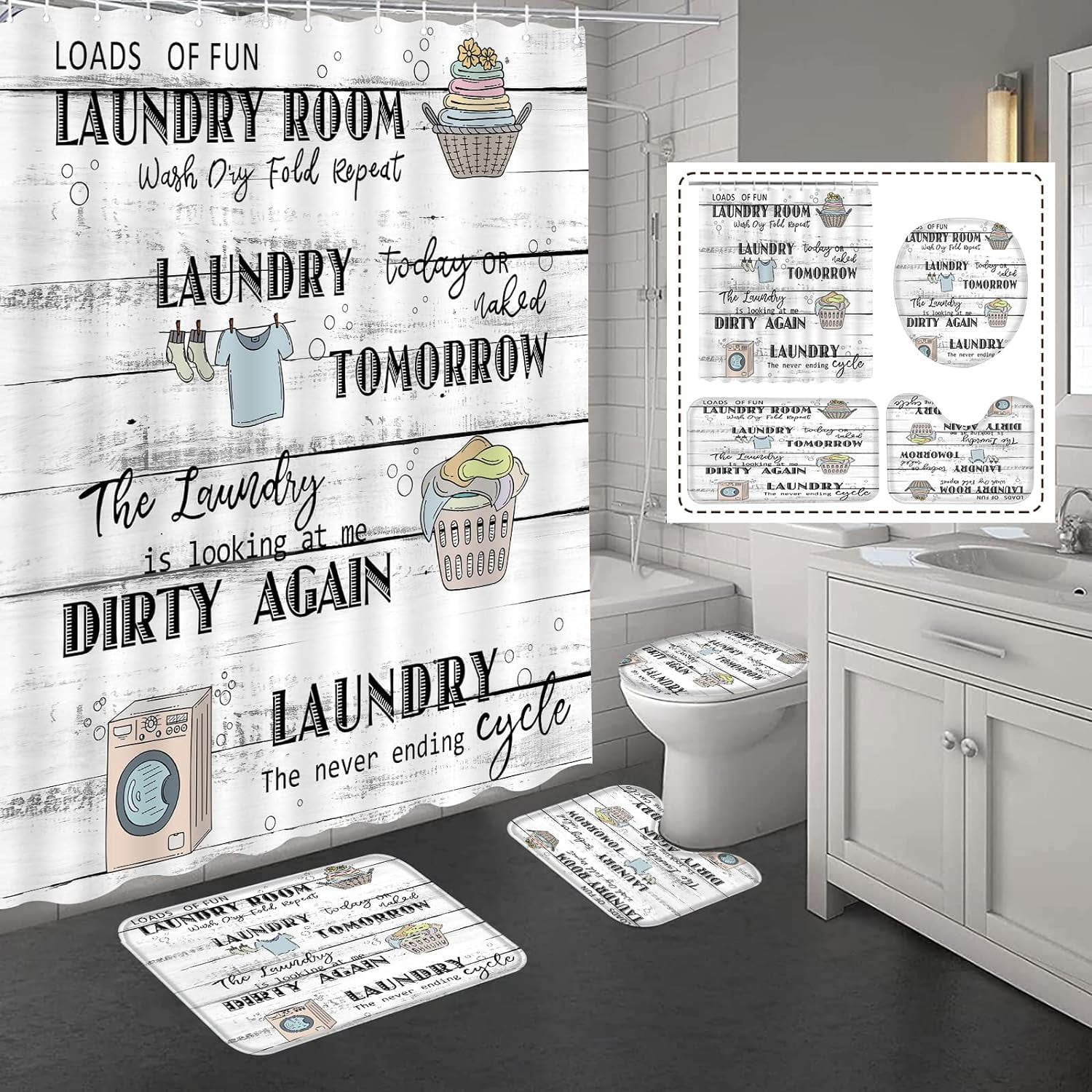 4Pcs Art Words Shower Curtain Sets,Life Inspirational Bathroom Sets ...