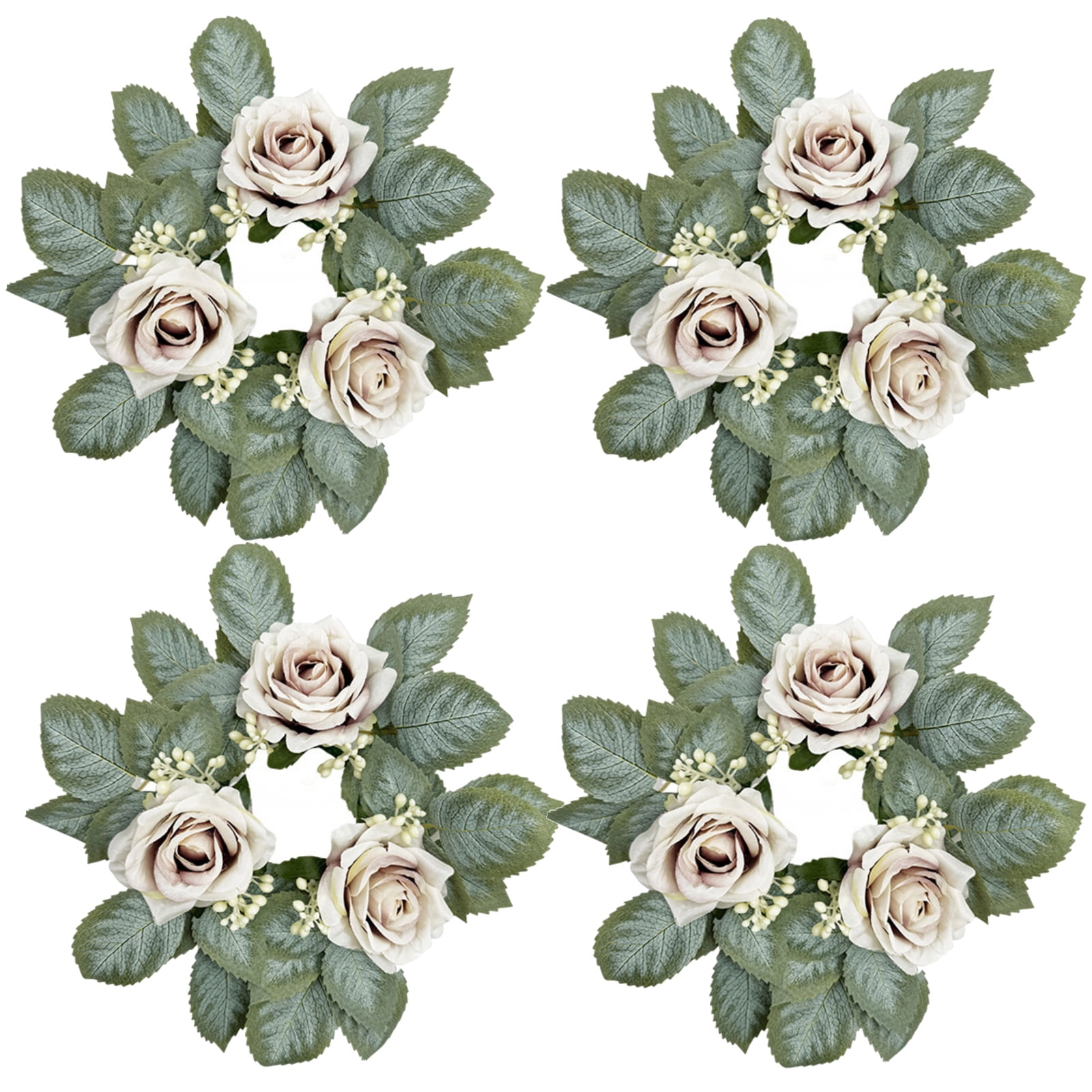 4Pcs Artificial Rose Candle Rings - Floral Wreaths with Green Leaves ...