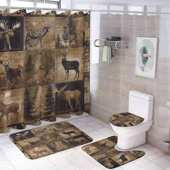 4Pcs Autumn Forest Moose Deer Shower Curtain Sets, Bathroom Decor Set ...