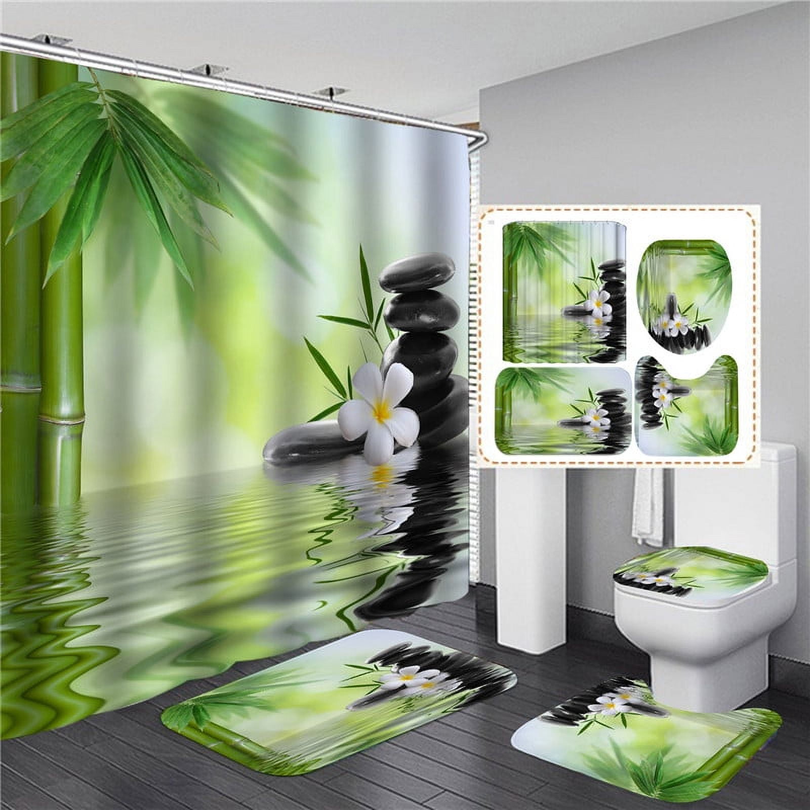 4Pcs Bamboo Shower Curtain Set with Non-Slip Rugs Toilet Lid Cover ...