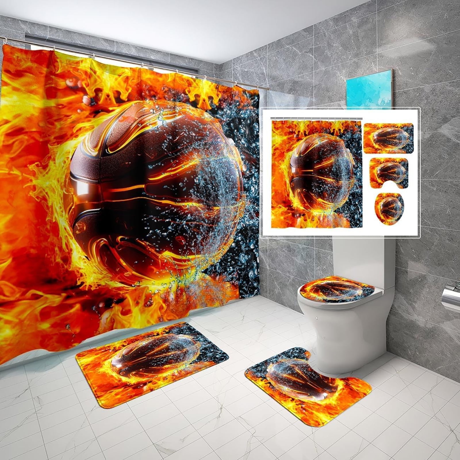 4Pcs Basketball Shower Curtain Set,Sports Style Bathroom Decoration ...