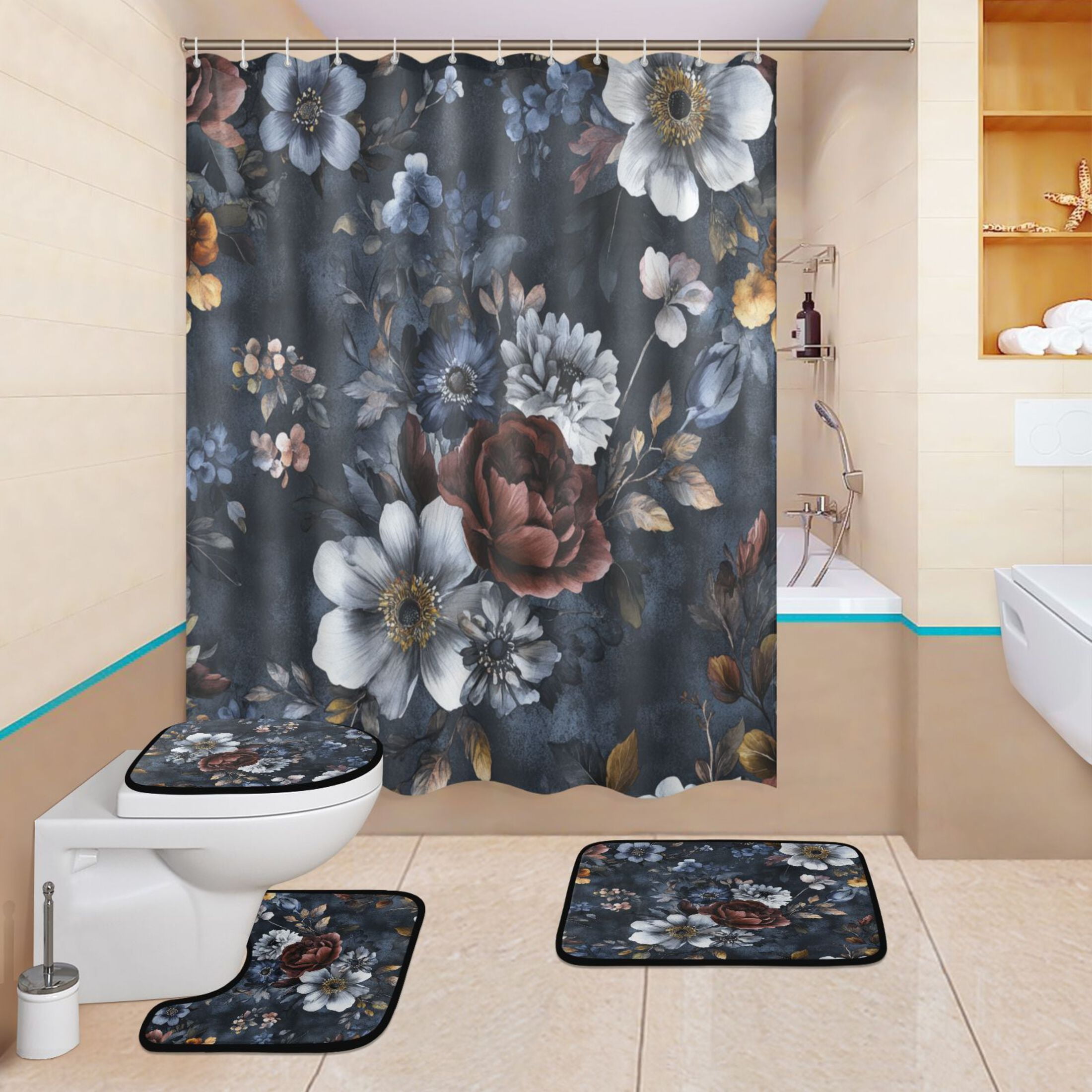 4Pcs Bathroom Sets Blue Peonies Shower Curtain Set with Non-Slip Rugs ...