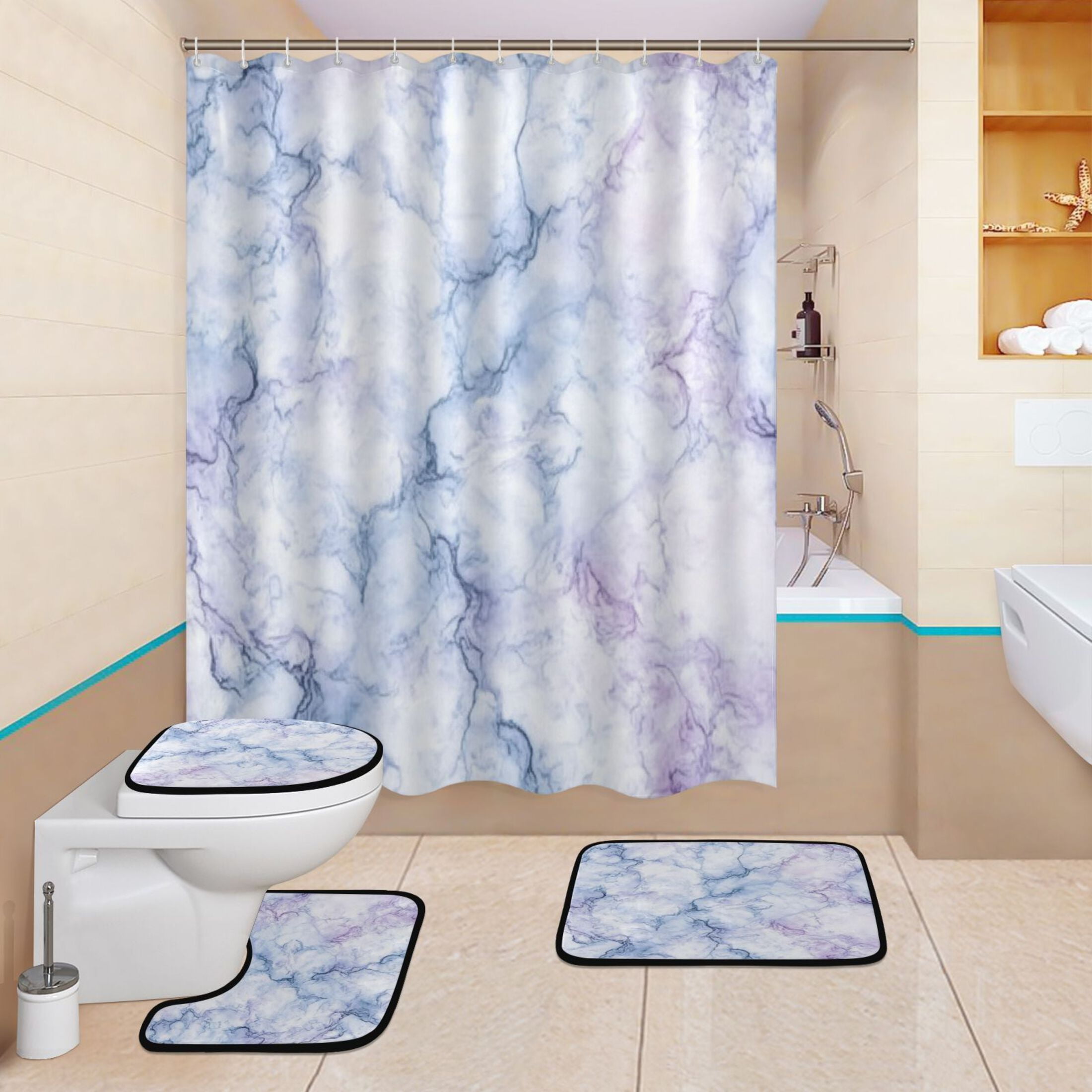 4Pcs Bathroom Sets Light Purple and Blue Marble Shower Curtain Set with ...