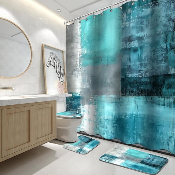 4Pcs Bathroom Sets with Shower Curtain and Rugs, Yellow Brown Abstract ...