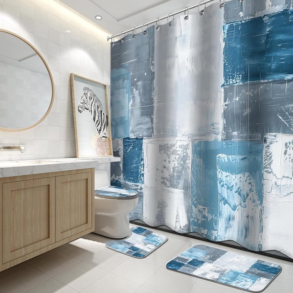 4Pcs Bathroom Sets with Shower Curtain and Rugs, Yellow Brown Abstract ...