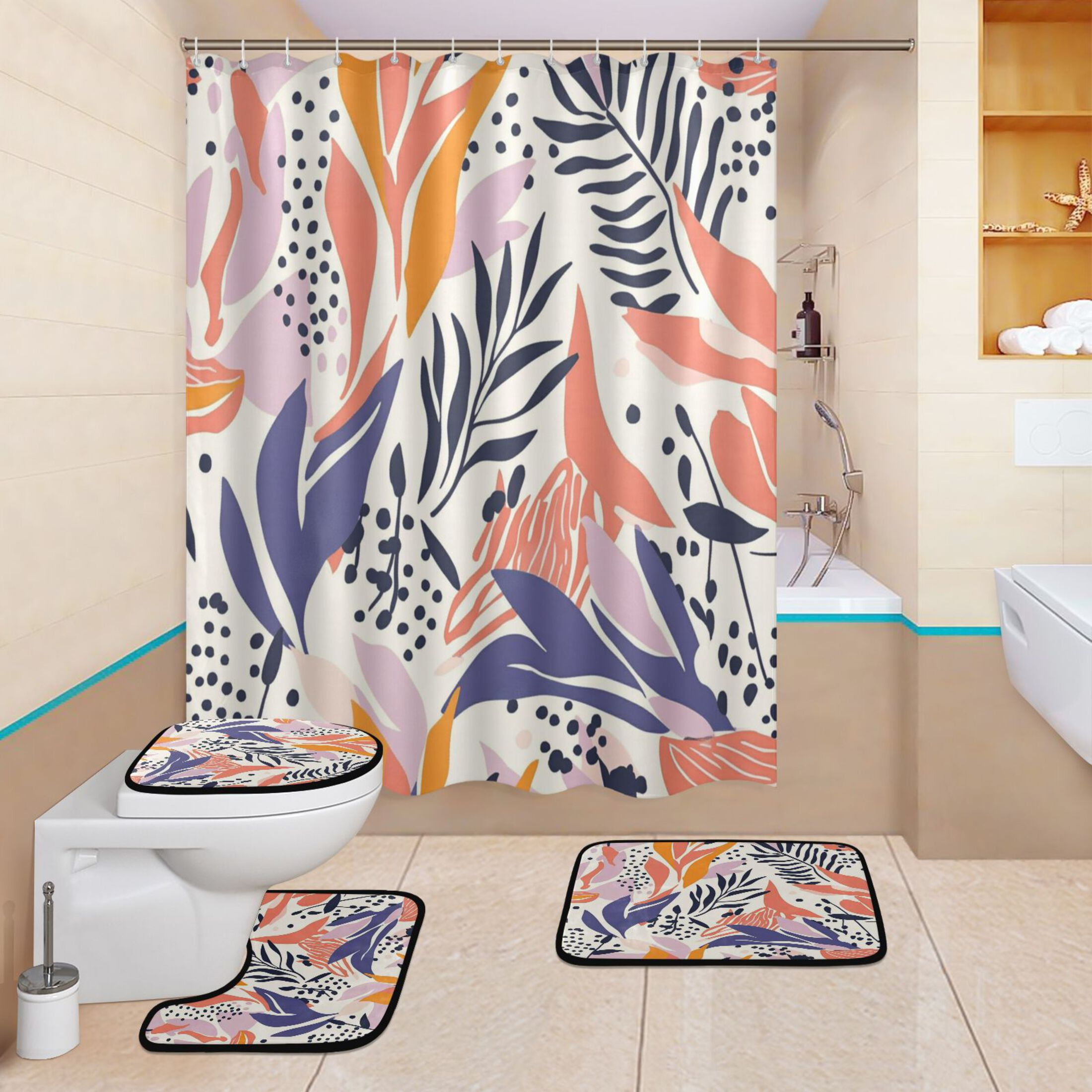 4Pcs Bathroom Sets Tropical Leaves and Dots Shower Curtain Set with Non ...