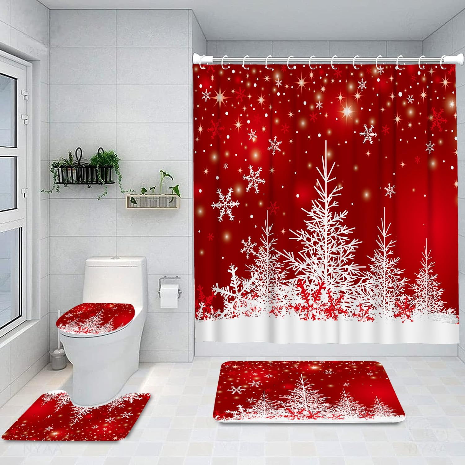 4Pcs Bathroom Shower Curtain Sets with Non-Slip Rugs, Toilet Lid Cover ...