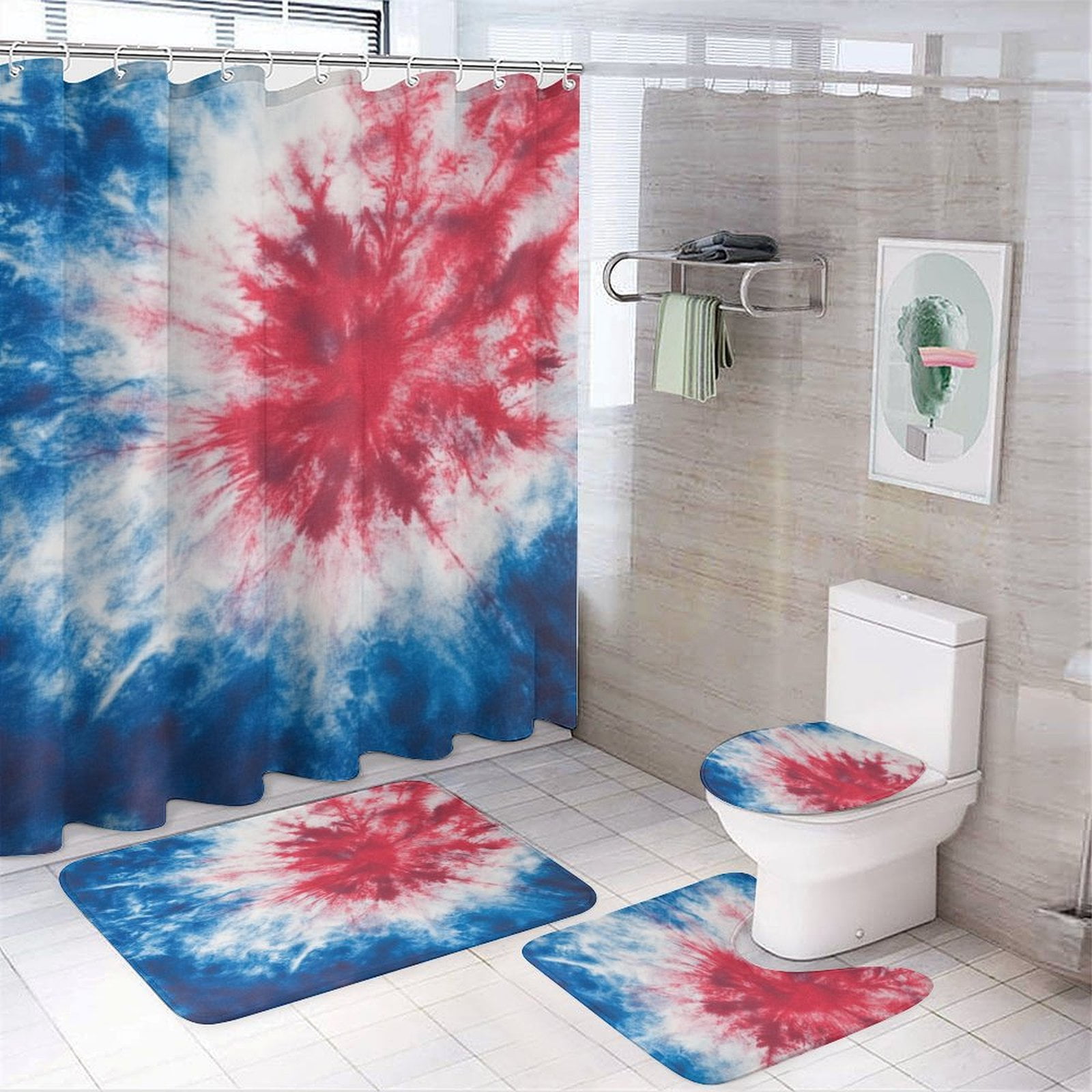 4Pcs Bathroom Shower Curtain Sets with Non-Slip Rugs, Colorful Tie Dye ...