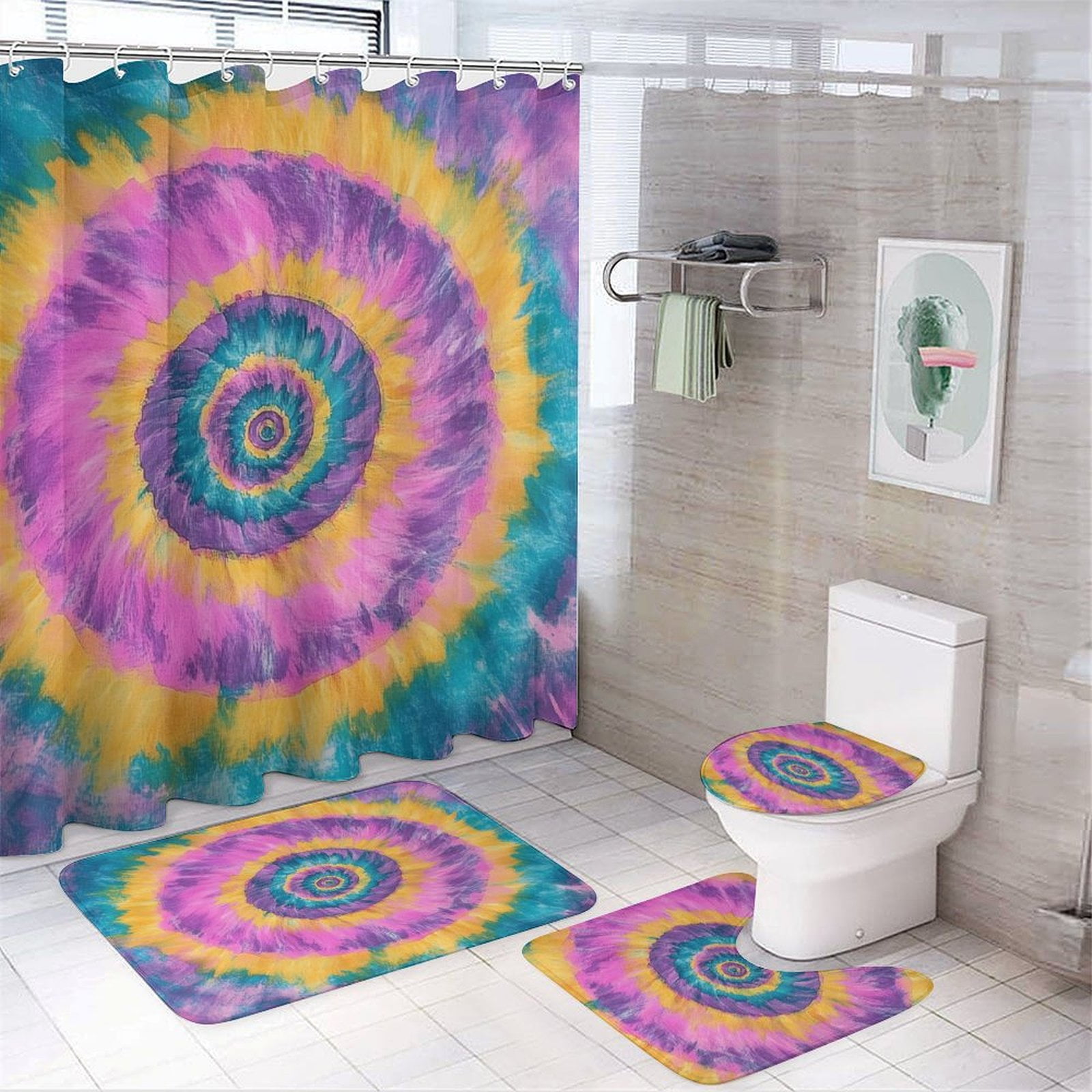 4Pcs Bathroom Shower Curtain Sets with Non-Slip Rugs, Colorful Tie Dye ...