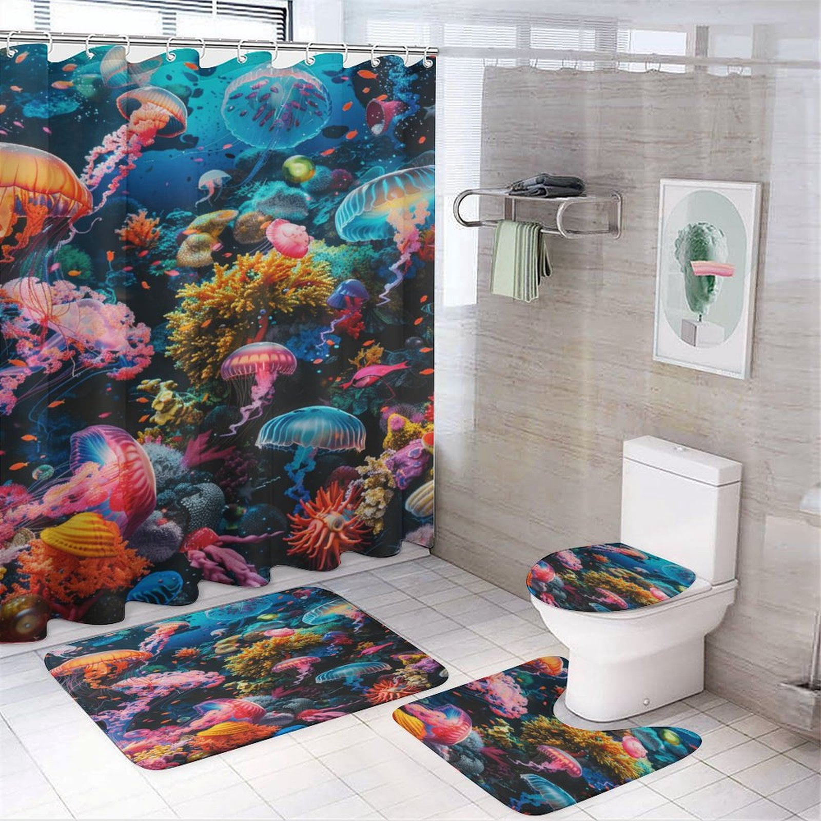 4Pcs Bathroom Shower Curtain Sets with Non-Slip Rugs, Marine Jellyfish ...