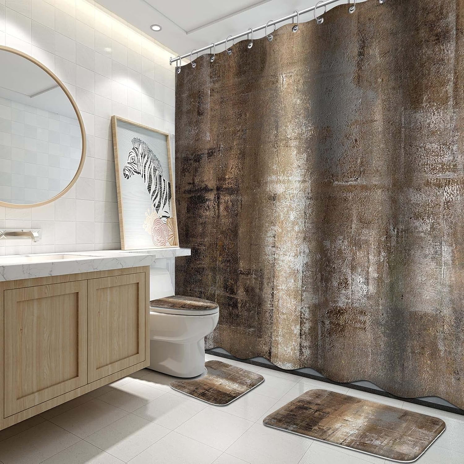 4Pcs Bathroom Shower Curtain Sets with Rugs,Yellow Grey Ombre Bathroom Sets with Shower Curtain ...