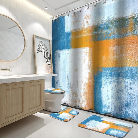 4Pcs Bathroom Shower Curtain Sets with Rugs,Yellow and Grey Painting ...