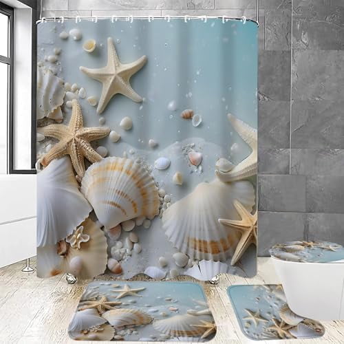 4Pcs Beach Grey Blue Shower Curtain Sets Sea Shell Bathroom Set Decor ...