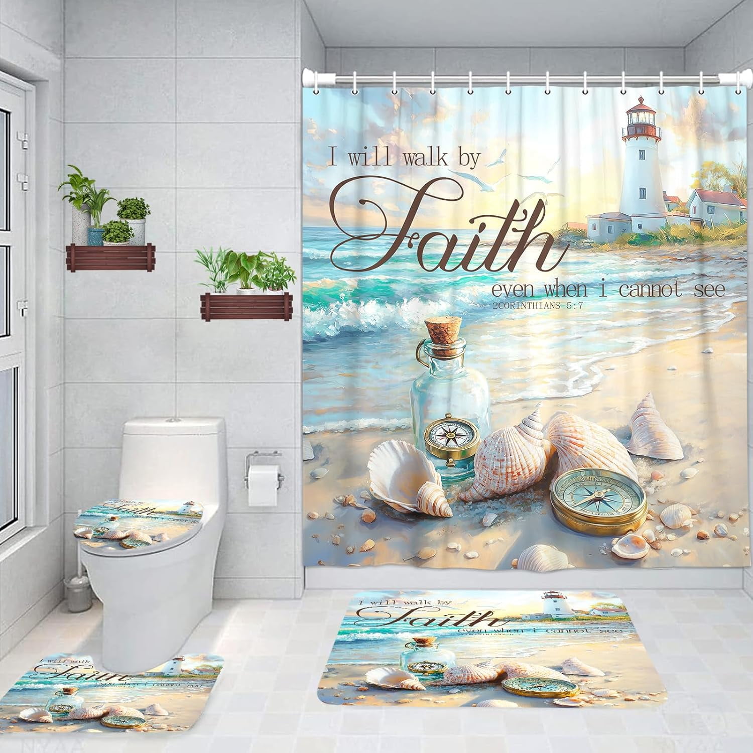 4Pcs Beach Ocean Shower Curtain Sets Bible Verse Quotes Inspirational ...