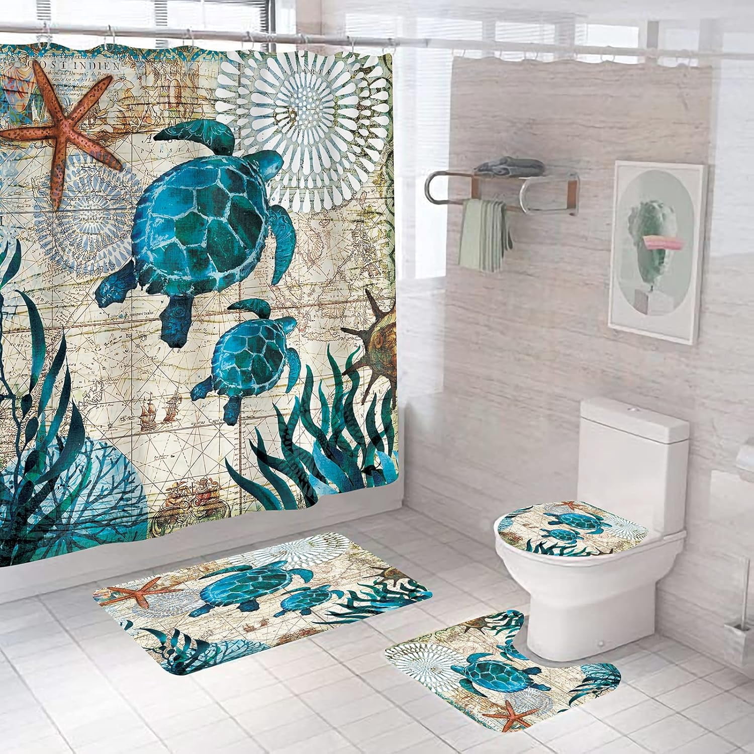 4Pcs Beach Palm Tree Shower Curtain Set for Bathroom, Blue Ocean Shower ...
