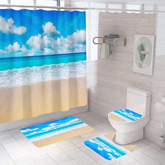 4Pcs Beach Palm Tree Shower Curtain Set for Bathroom, Blue Ocean Shower ...