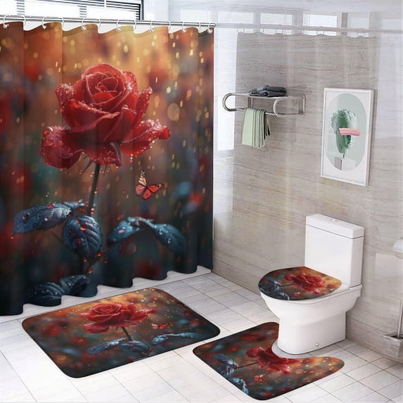 4Pcs Beautiful Rose Shower Curtain Sets, Bathroom Decor Set with Rugs ...